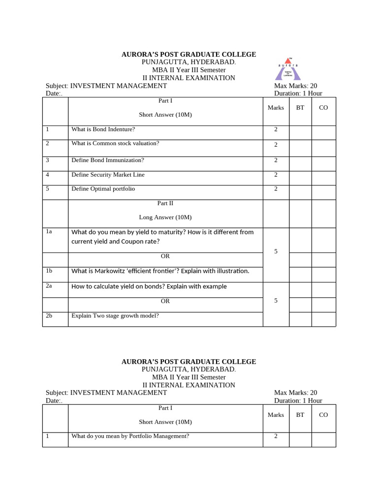 II Internal III Sem Model QP | PDF | Bond Duration | Bonds (Finance)