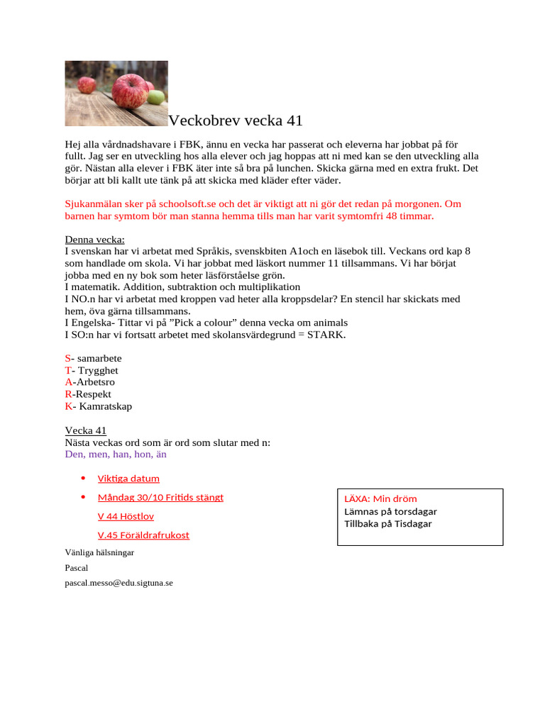 Veckobrev Vecka 41 | PDF