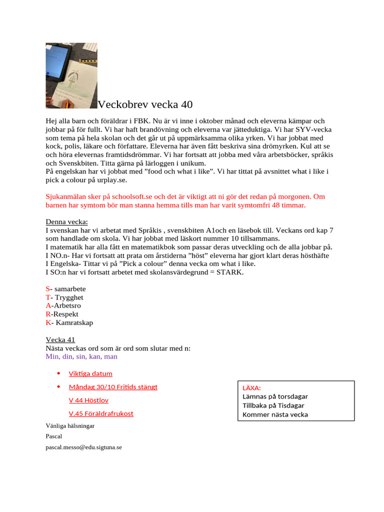 Veckobrev Vecka 40 | PDF
