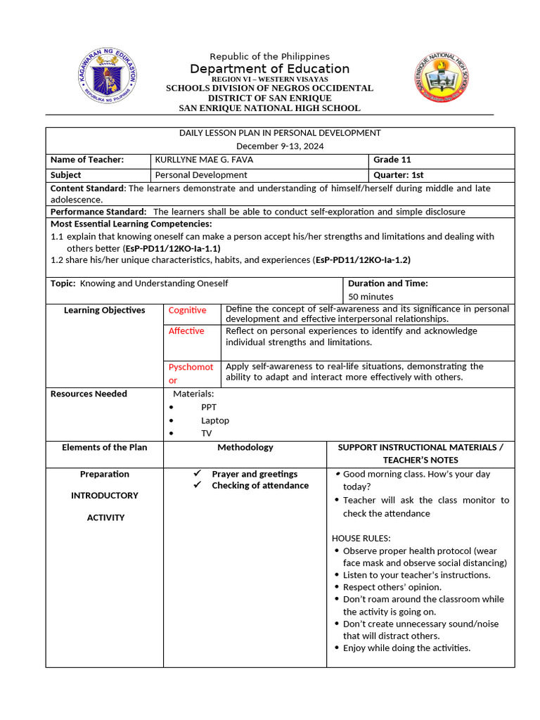 PERDEV LESSON PLAN | PDF | Self Concept | Self