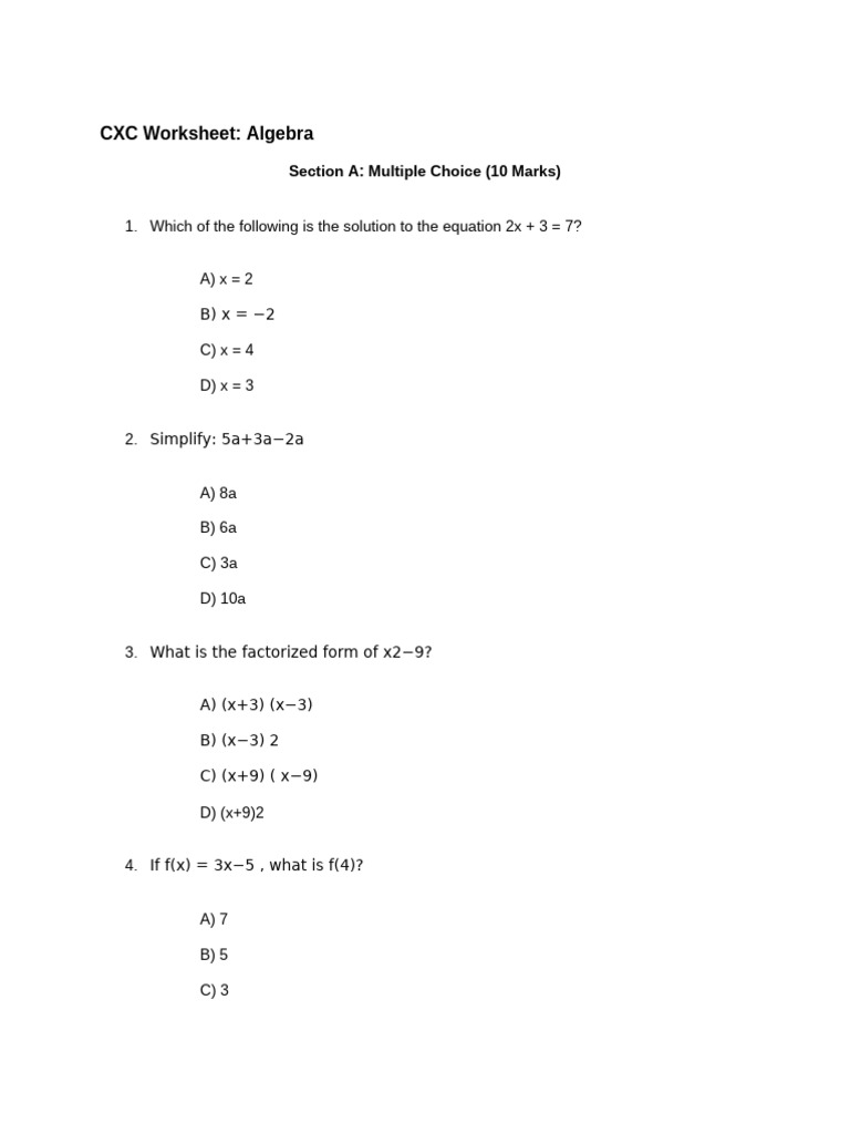 CXC Worksheet_ Algebra | PDF