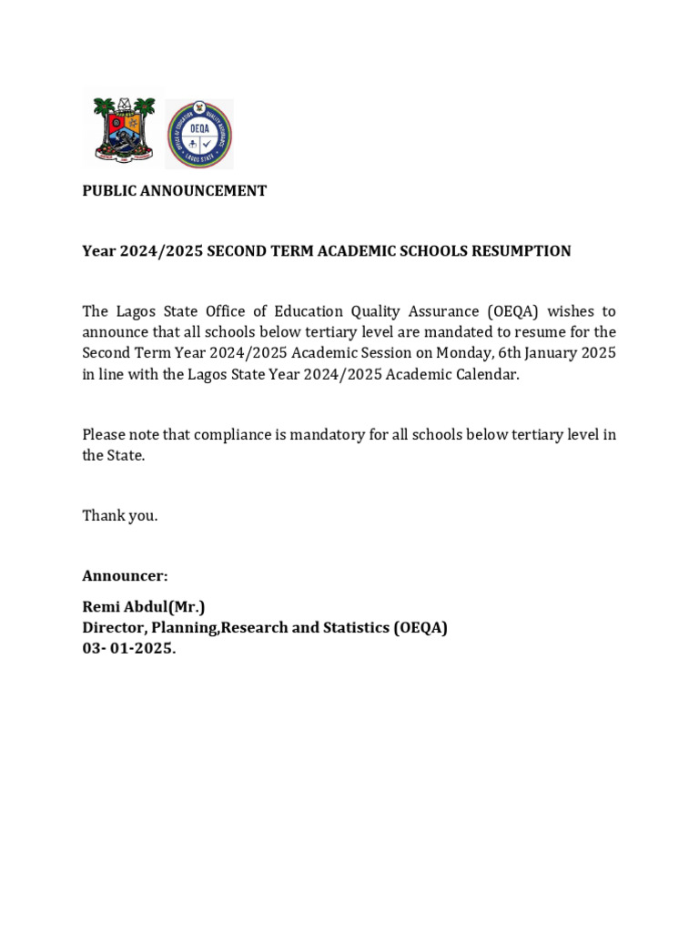 Year 2024 2025 SECOND TERM ACADEMIC SCHOOLS RESUMPTION | PDF