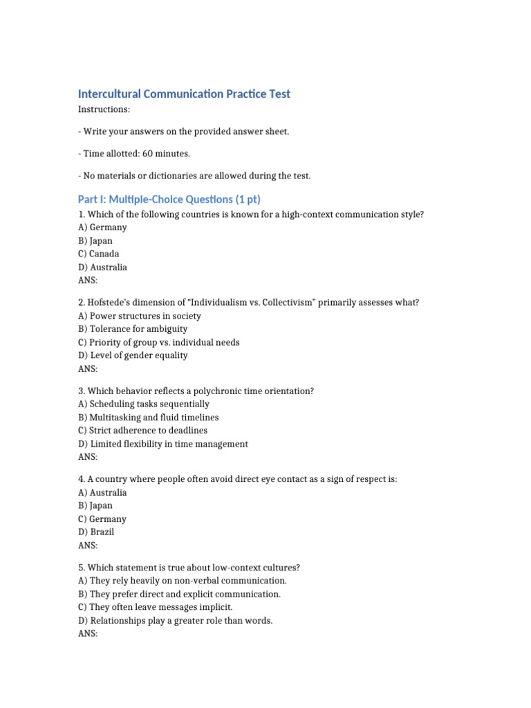 Intercultural Communication Practice Test | PDF | Nonverbal ...