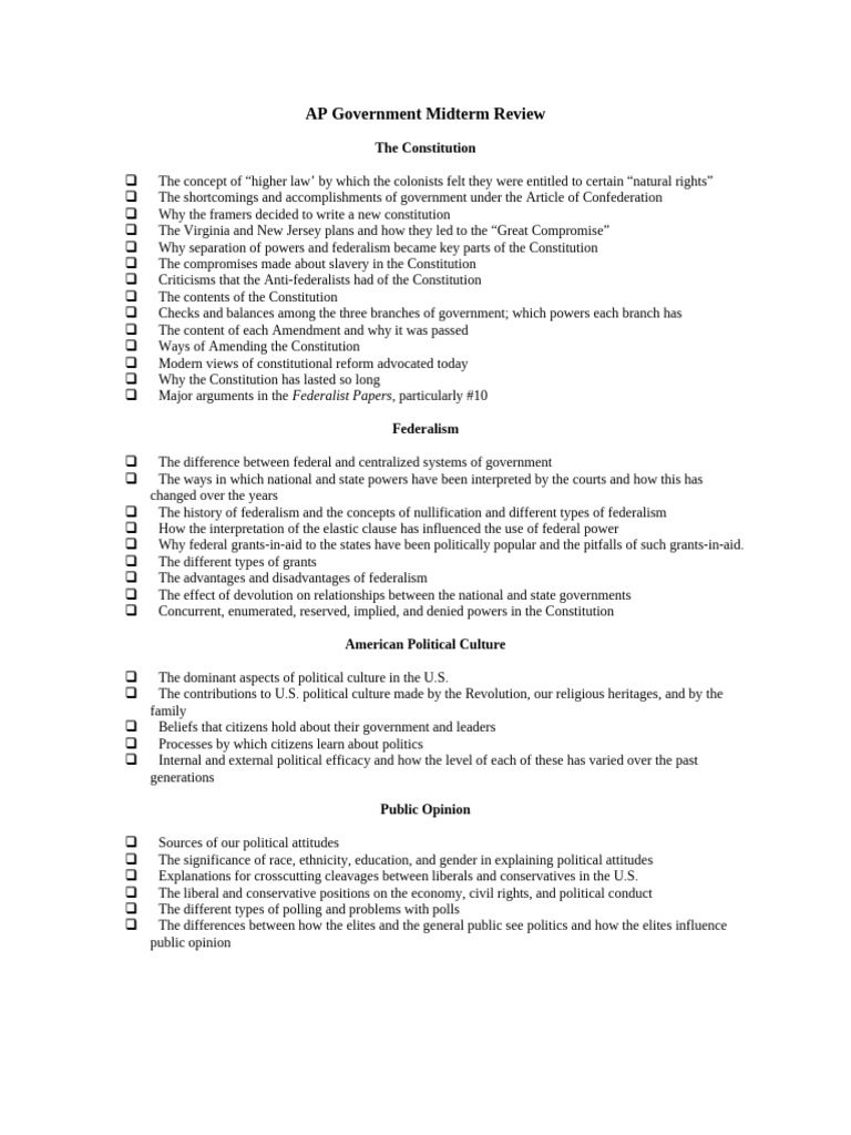 AP Government Midterm Review | PDF | Political Parties | Federalism