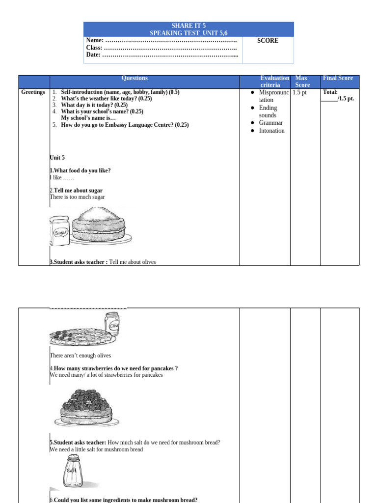 Speaking - Test - Si 5 - Unit 4 and 5 | PDF