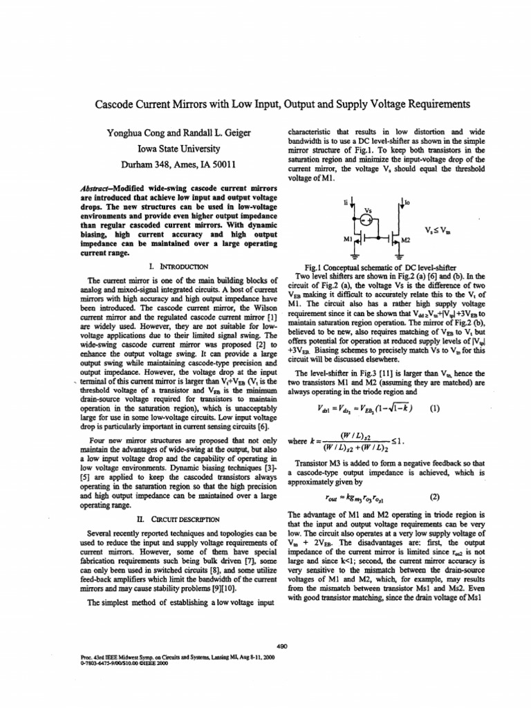 Cascode Current Mirrors With Low Input Output and Supply Voltage | PDF | Electronics | Electricity