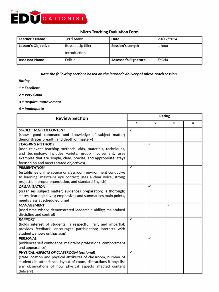 Terri Mann Micro-Teaching Evaluation Form | PDF | Learning | Teaching ...