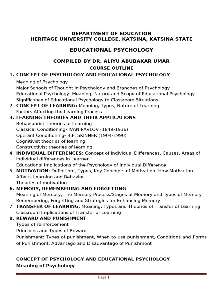 Educational Psychology Course Outline | PDF | Classical Conditioning ...