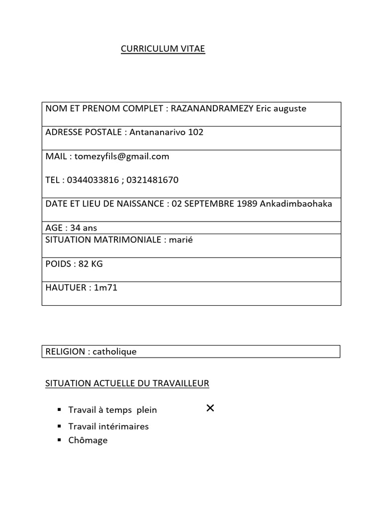 CV d'Eric Razanandramezy - Technicien Maintenance | PDF | Ingénierie ...