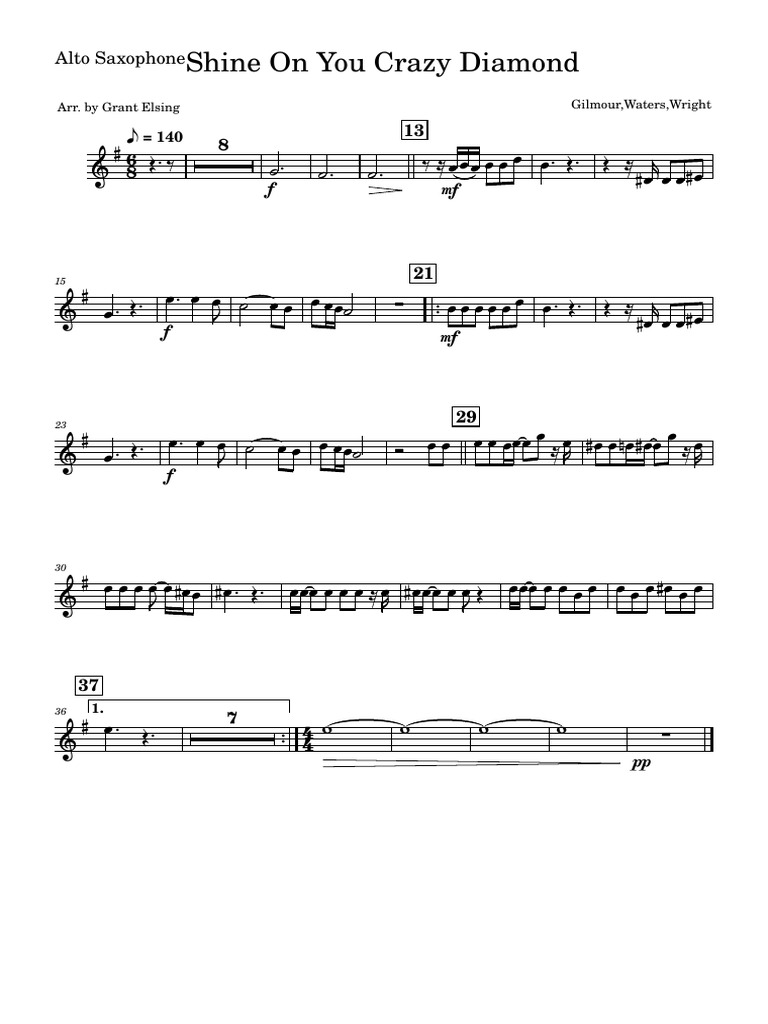 Alto Saxophone Arrangement: Shine On You Crazy Diamond | PDF