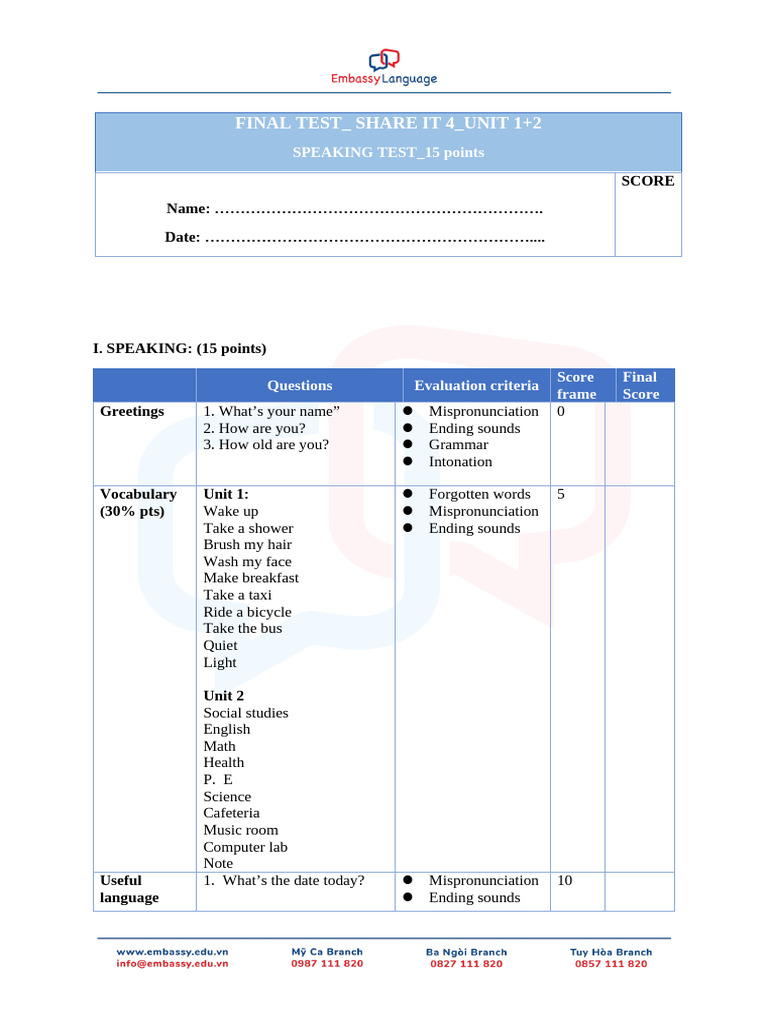 Speaking Test For Share It 4 Unit 1,2 | PDF