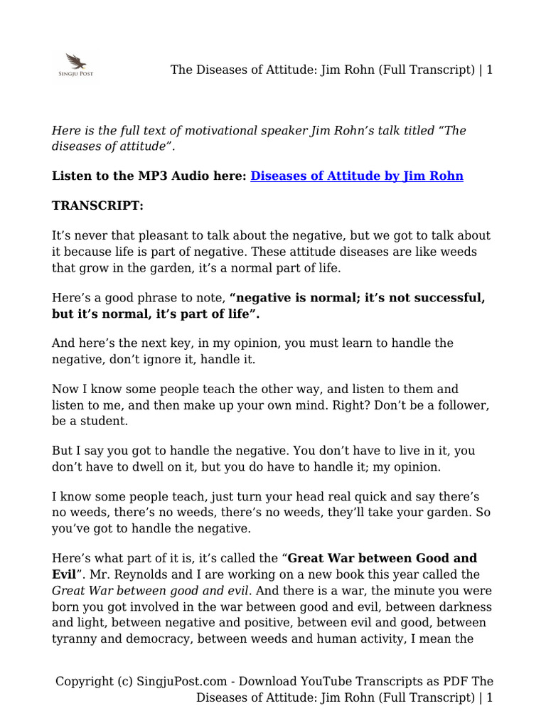 The Diseases of Attitude - Jim Rohn Full Transcript | PDF | Paul The ...