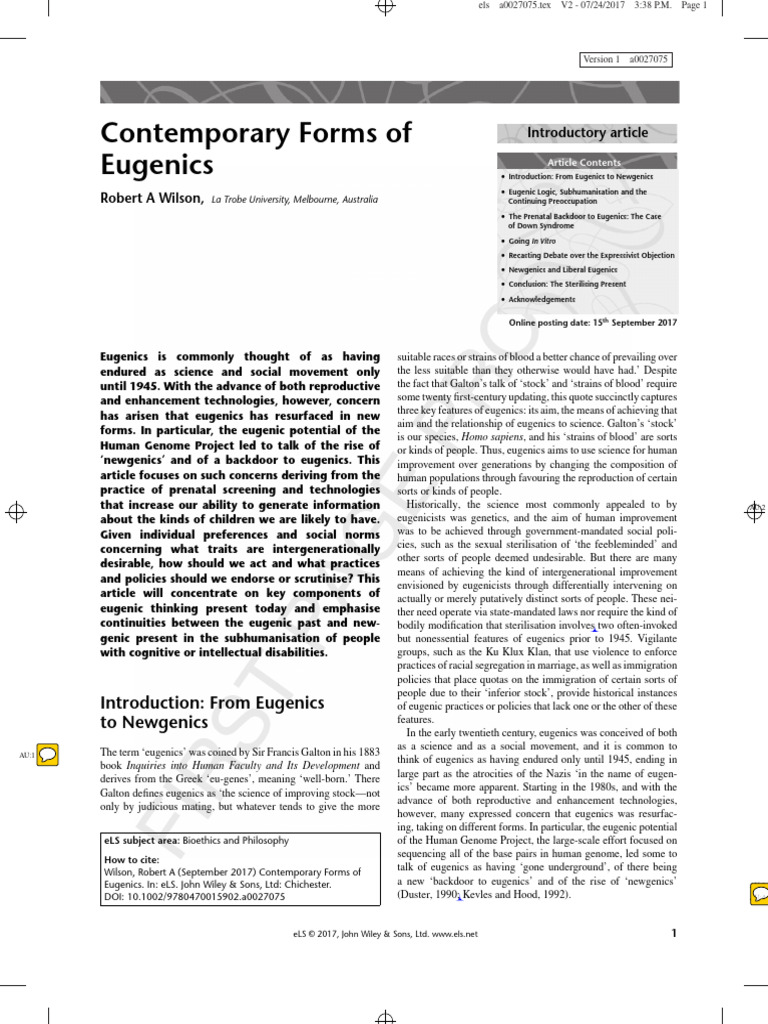 Wilson Contemporary Forms of Eugenics | PDF | Eugenics | Down Syndrome