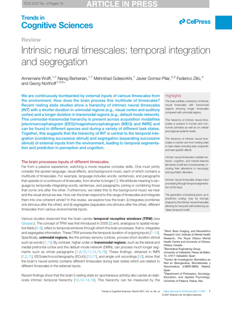 2021 Georg Northoff - Intrinsic Neural Timescales - Temporal Integration and Segregation | PDF ...