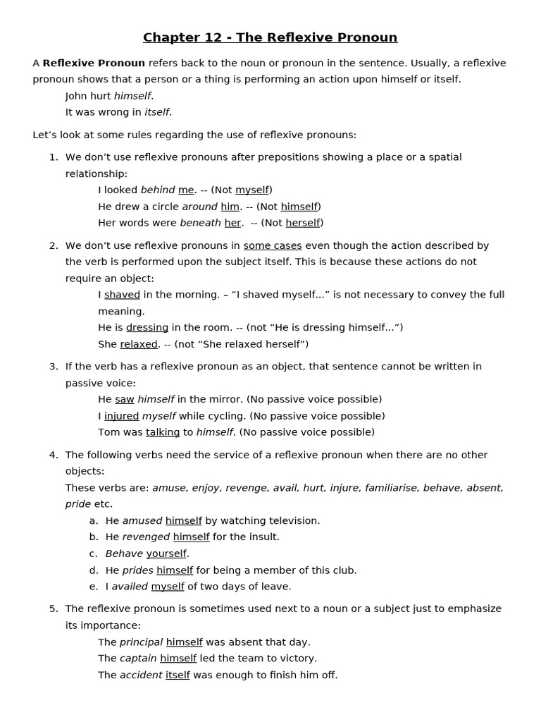 Grammar Notes - The Reflexive Pronoun | PDF | Pronoun | Verb