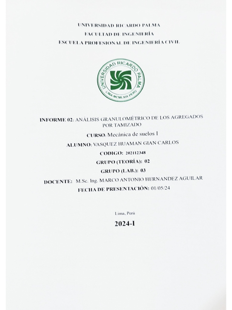 Lab02 Mecánica de Suelos I - Vásquez Huamán Gian Carlos | PDF