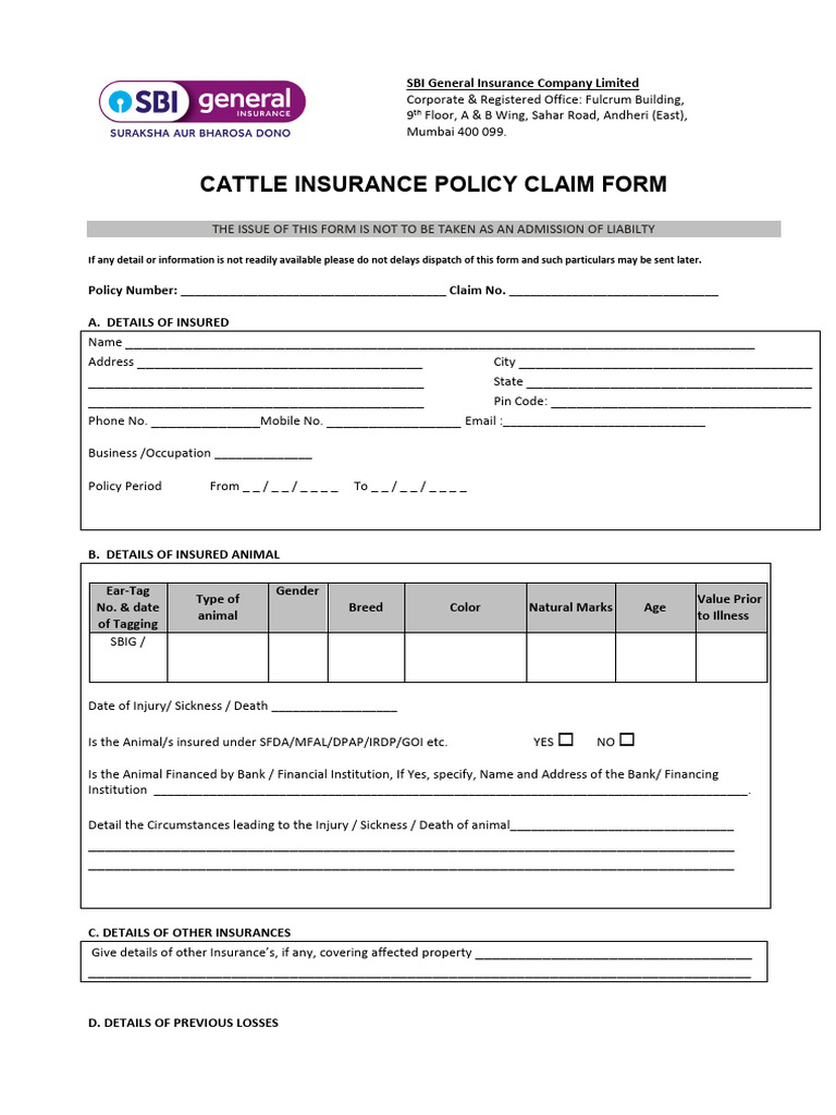 Cattle - Sheep Claim Form - Uiic | PDF | Veterinary Medicine | Health ...