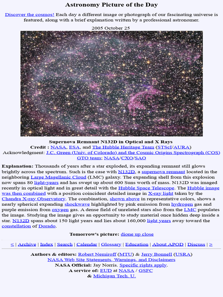 APOD 2005 October 25 - Supernova Remnant N132D in Optical and X Rays | PDF