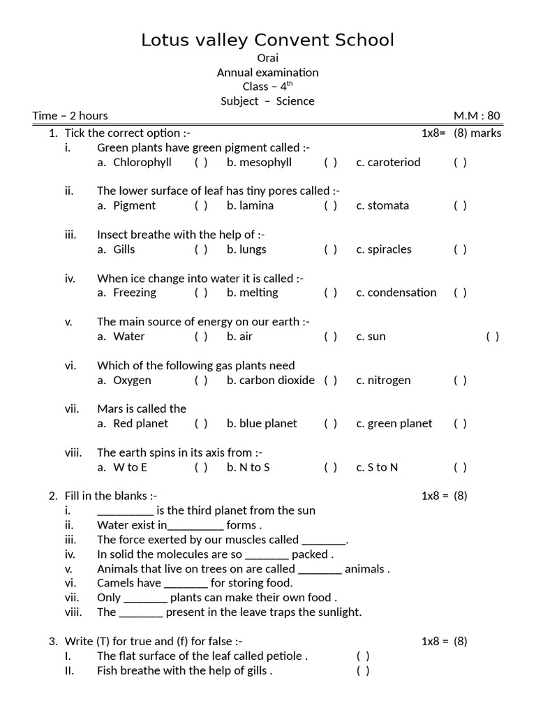 Class 4 TH Science Paper | PDF | Leaf | Earth