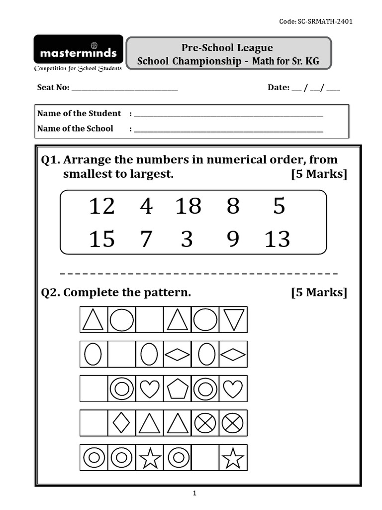 Sr. KG Math Championship Paper | PDF