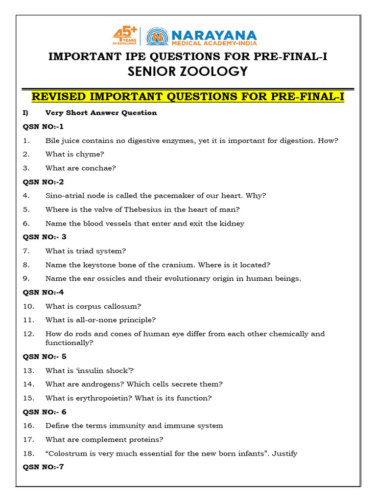 Revised SR Bipc Ipe Important Quesiton List Zoology | PDF | Biology | Anatomy