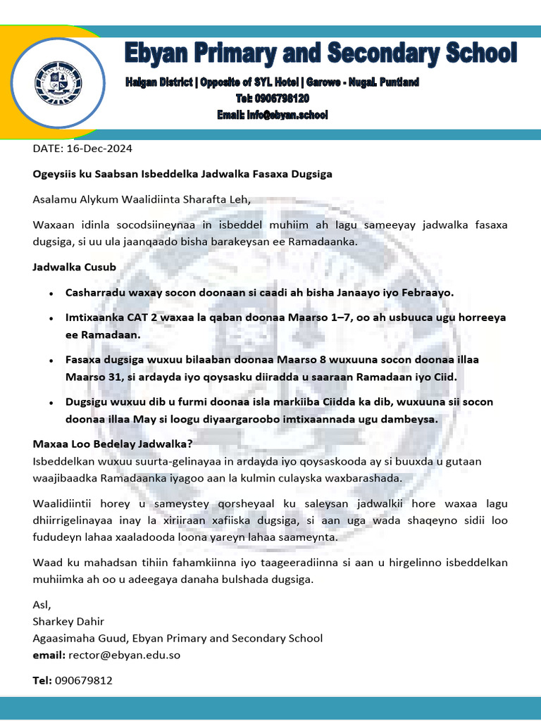 Ebyan School School Break Somali | PDF