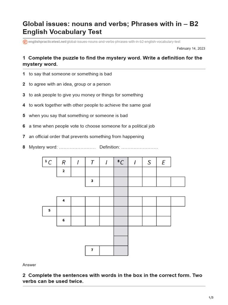 B2 Vocabulary Test: Global Issues | PDF | English Language | Phrase