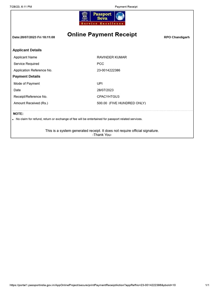 Online Payment Receipt for PCC Service | PDF
