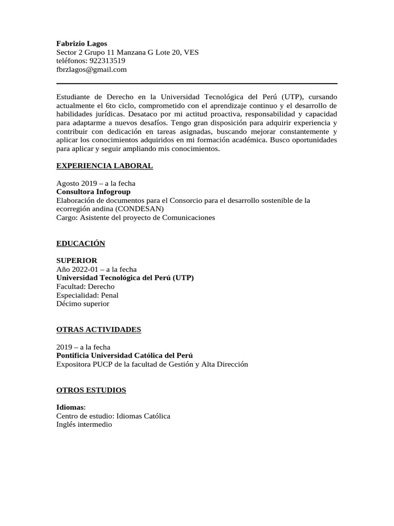 Estudiante de Derecho en UTP con Experiencia | PDF
