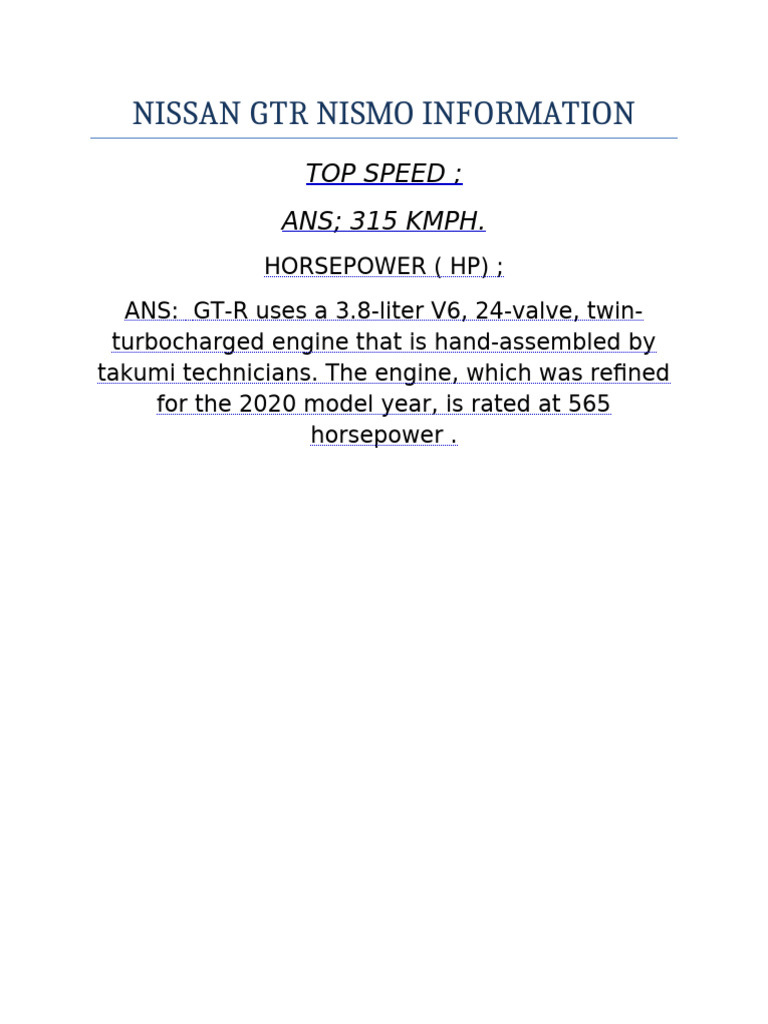 Nissan GT-R Nismo Specs Overview | PDF