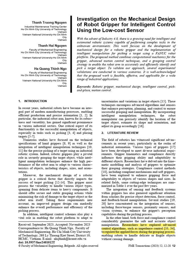 Investigation On The Mechanical Design of Robot Gripper For Intelligent Control Using The Low ...