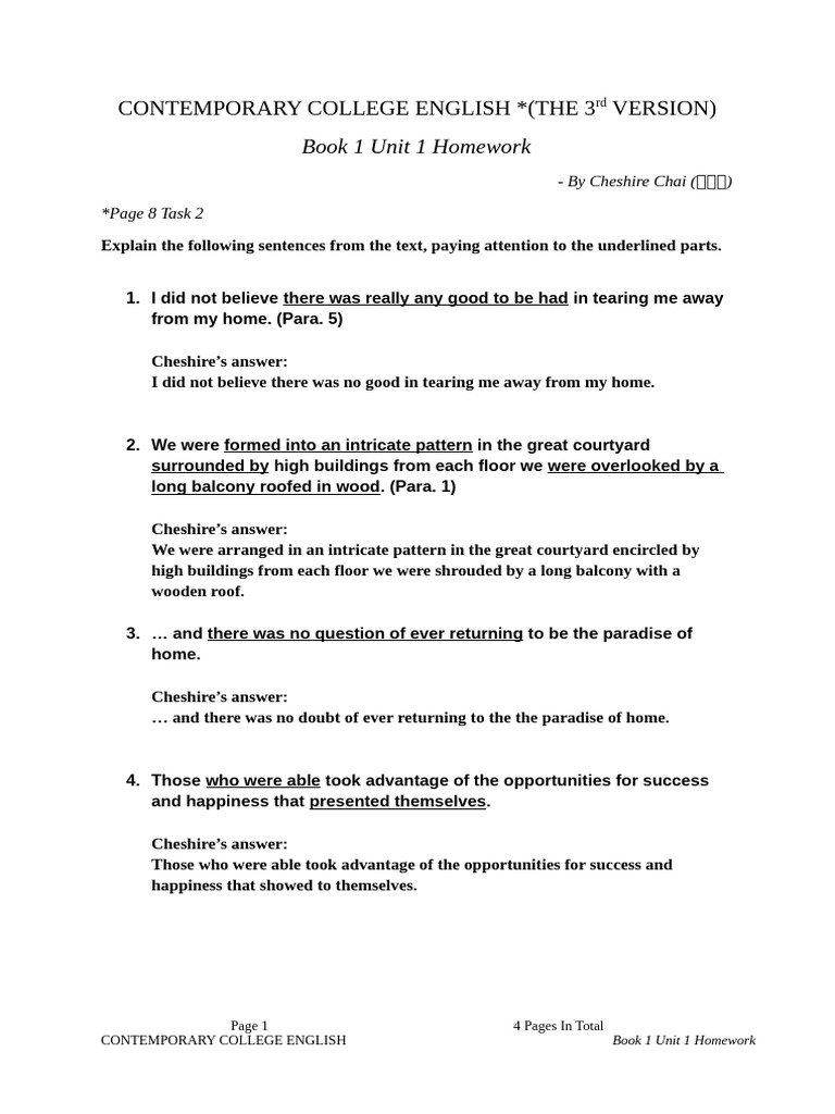 Book 1 Unit 1 Homework CONTEMPORARY COLLEGE ENGLISH | PDF