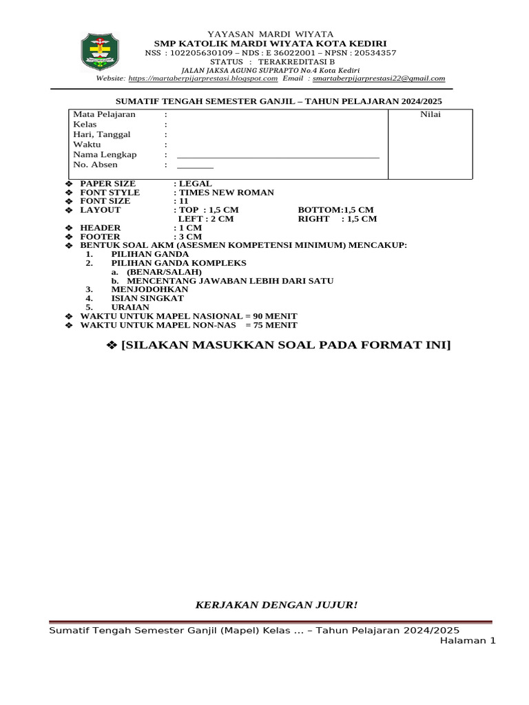 Format Soal STS Ganjil 2024-2025 | PDF
