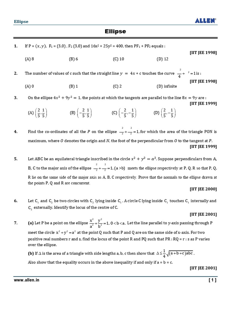 IIT JEE Ellipse Problems Collection | PDF