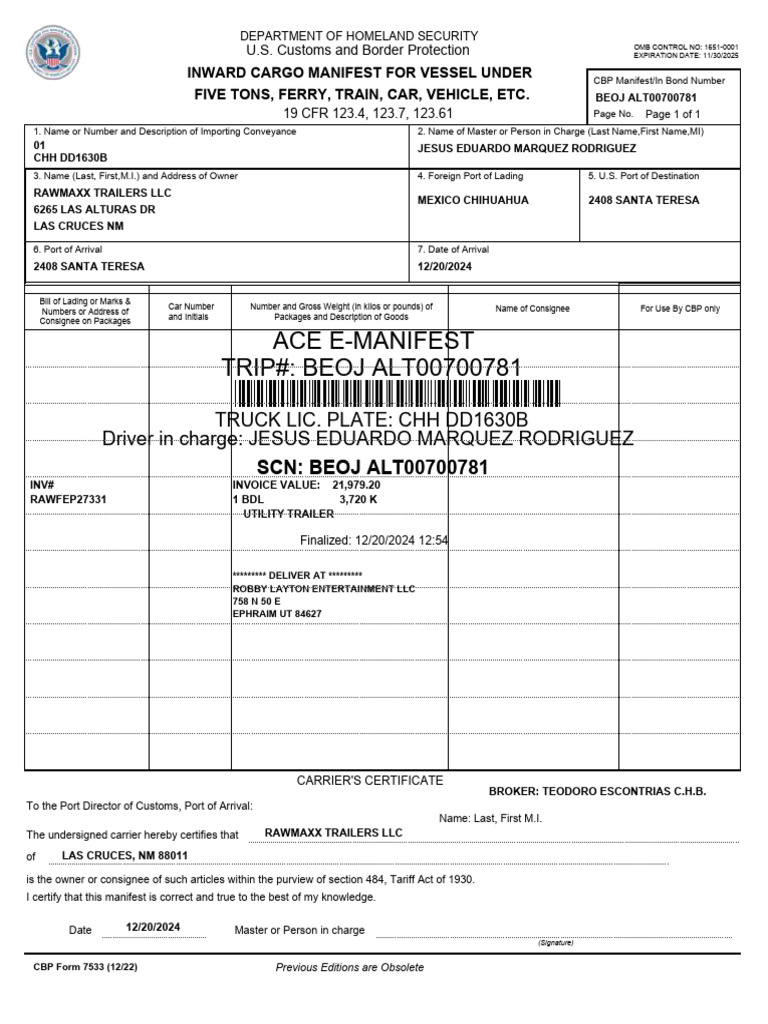 Cargo Manifest for Importers | PDF | U.S. Customs And Border Protection ...