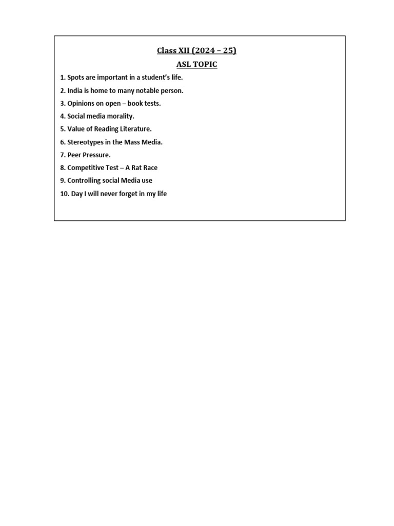 Class XII ASL Topics 2024-25 | PDF