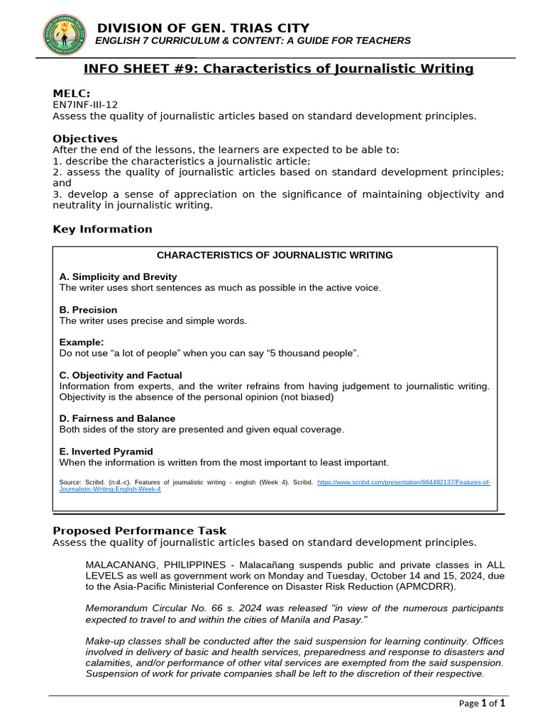 INFO-SHEET-9 - Characteristics of Journalistic Writing | PDF | Learning ...