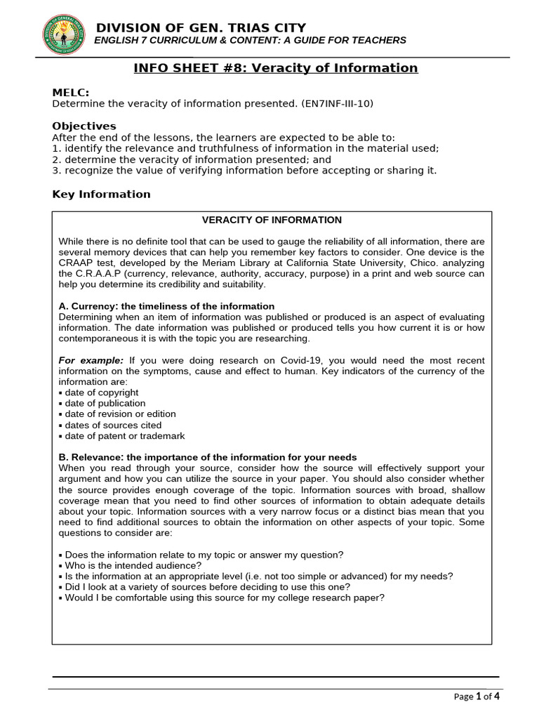 INFO-SHEET-8 - Veracity of Information | PDF | Information | Accuracy ...