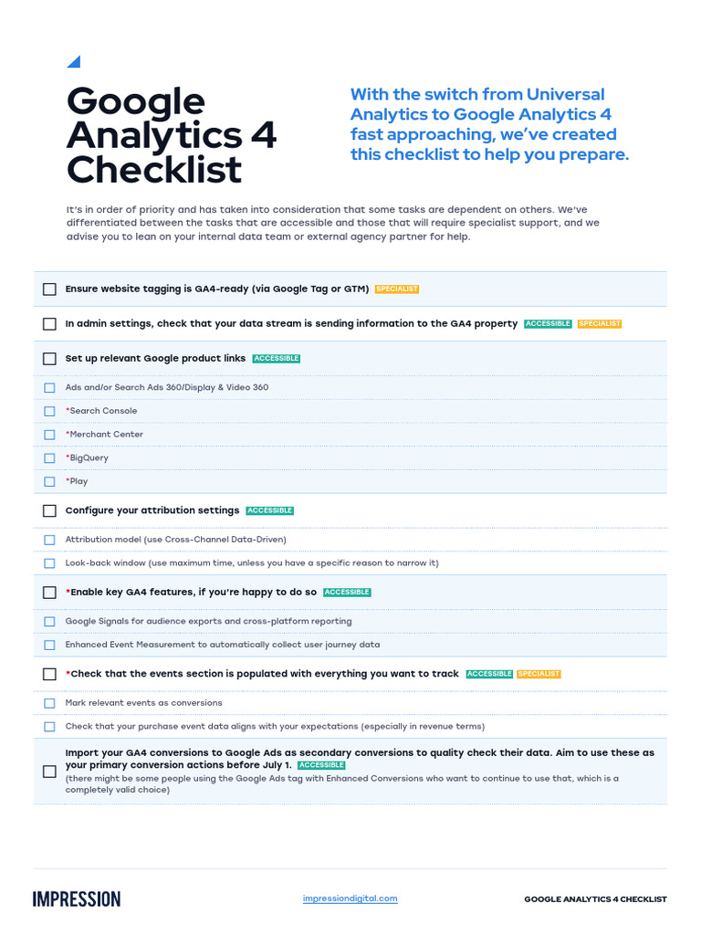 Impression GA4 Checklist | PDF | Analytics | Information Technology