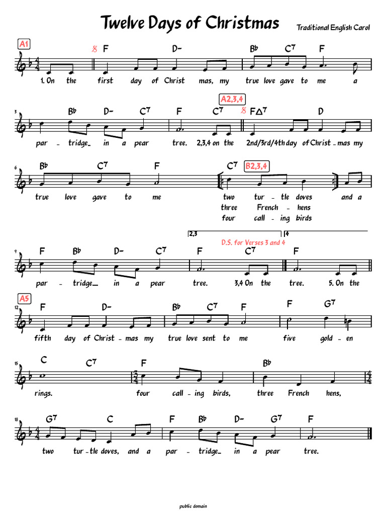 Twelve Days of Christmas Lead Sheet With Lyrics | PDF | Christmas