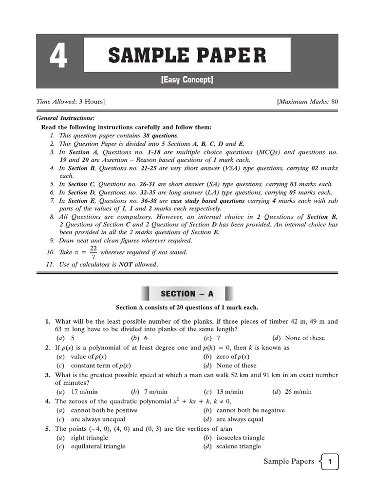 Cbse cl10 Ead Mathematics Easy Paper 4-1 | PDF