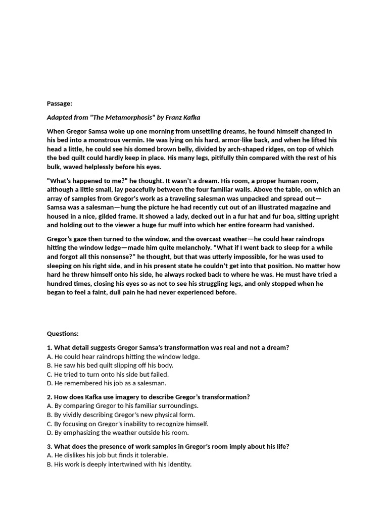 Reading Comprehension Practice | PDF | The Metamorphosis