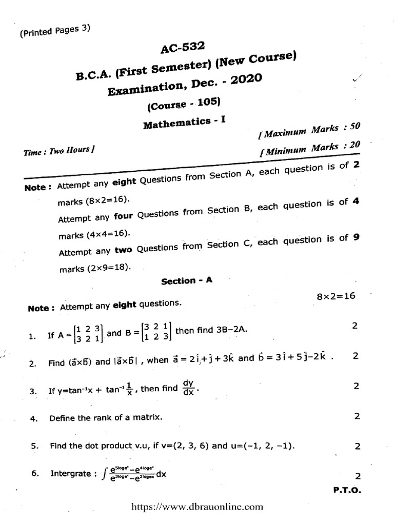 Bca 1 Sem Mathematics 1 Ac 532 Dec 2020 | PDF