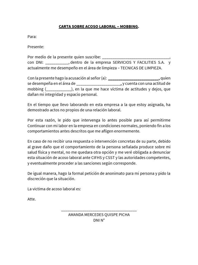 Carta de Denuncia por Acoso Laboral | PDF