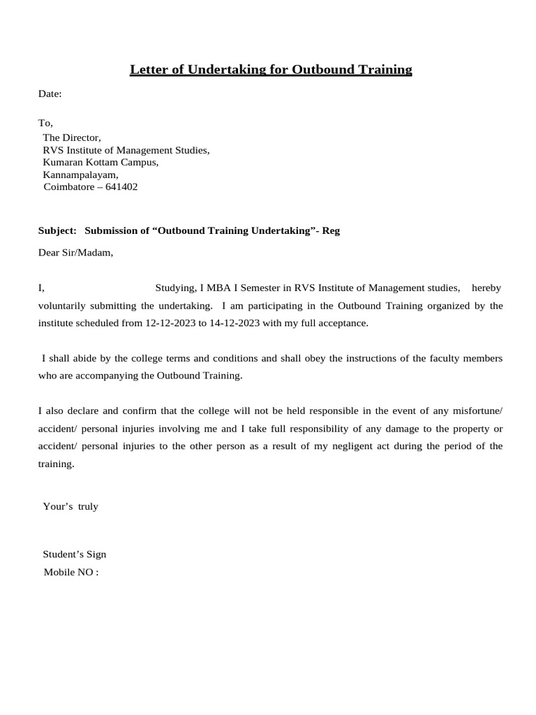 Letter of Undertaking For Outbound Training | PDF