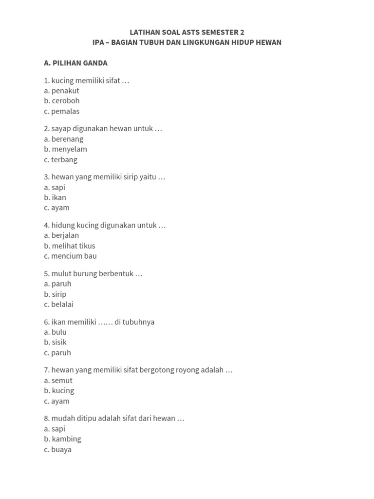 Asts Ipa Kelas 2 Semester 2 (Bab Hewan) | PDF