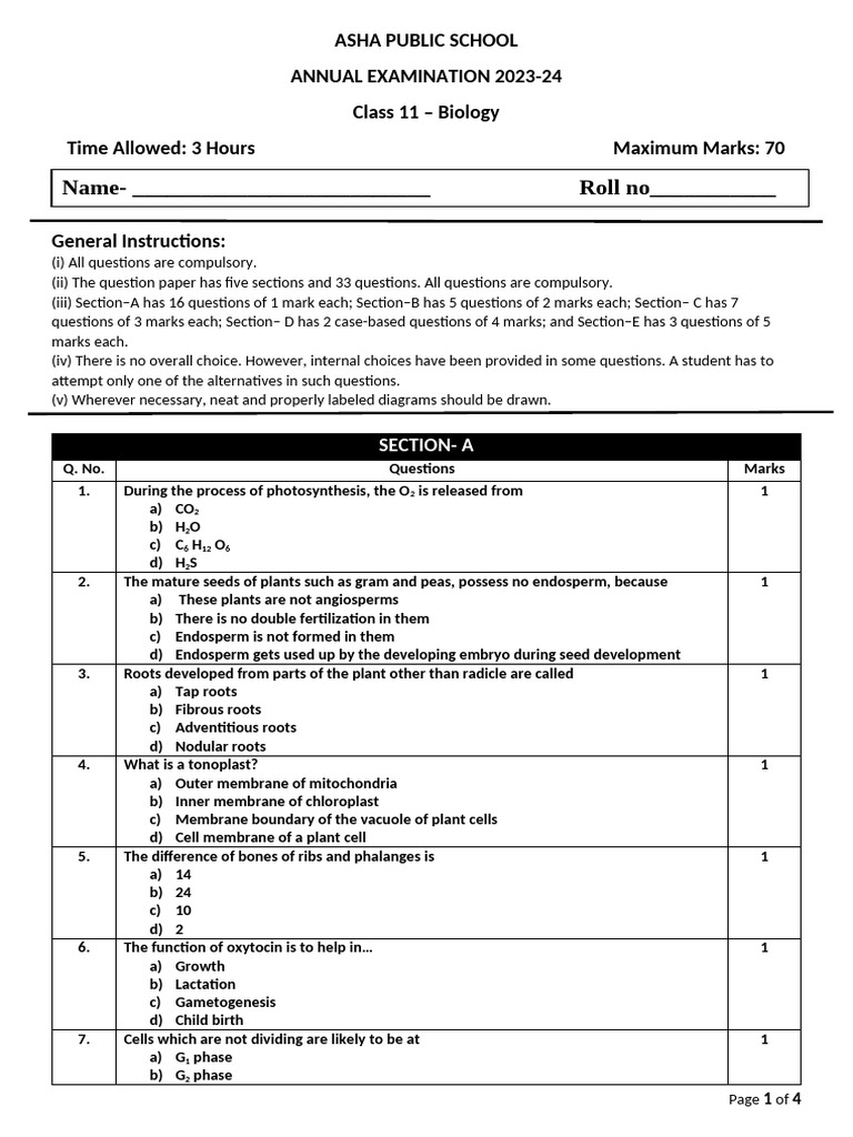 BIOLOGY QP ANNUAL XI | PDF | Cell Nucleus | Synapse