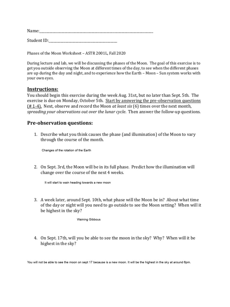 Lunar Worksheet Fall 2020 | PDF | Moon | Physical Sciences