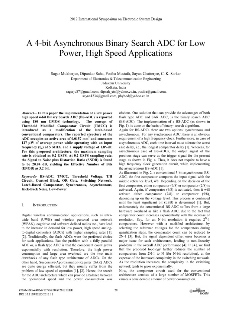A 4-Bit Asynchronous Binary Search ADC For Low Power High Speed Applications | PDF | Analog To ...