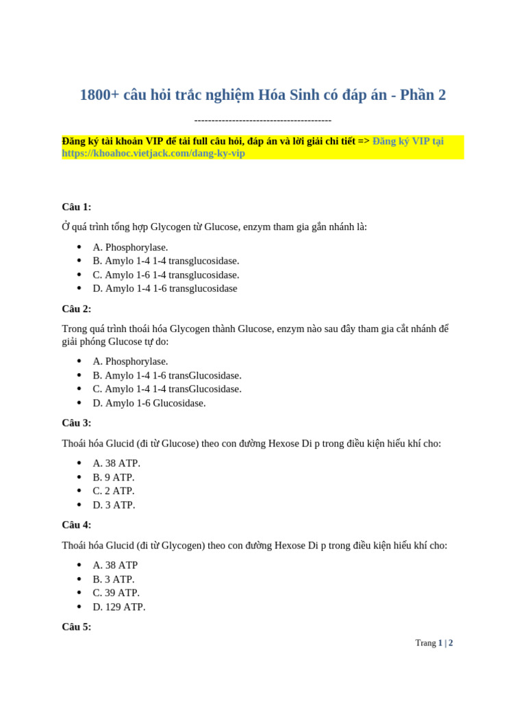 1800 Cau Hoi Trac Nghiem Hoa Sinh Co Dap An Phan 2 - 2024 - 12 - 29 | PDF